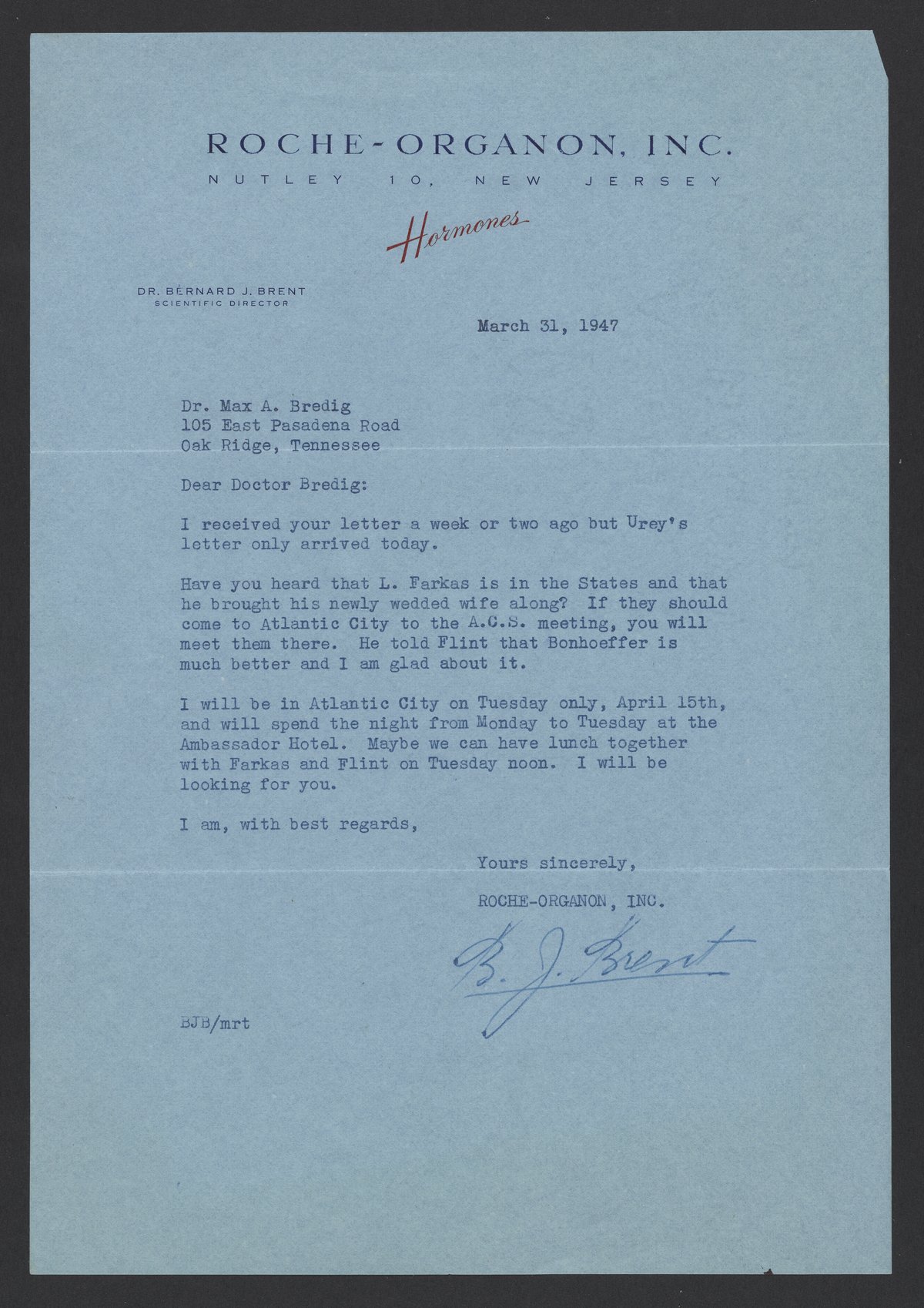 Letter from Bernard J. Brent to Max Bredig, March 31, 1947 - Science ...