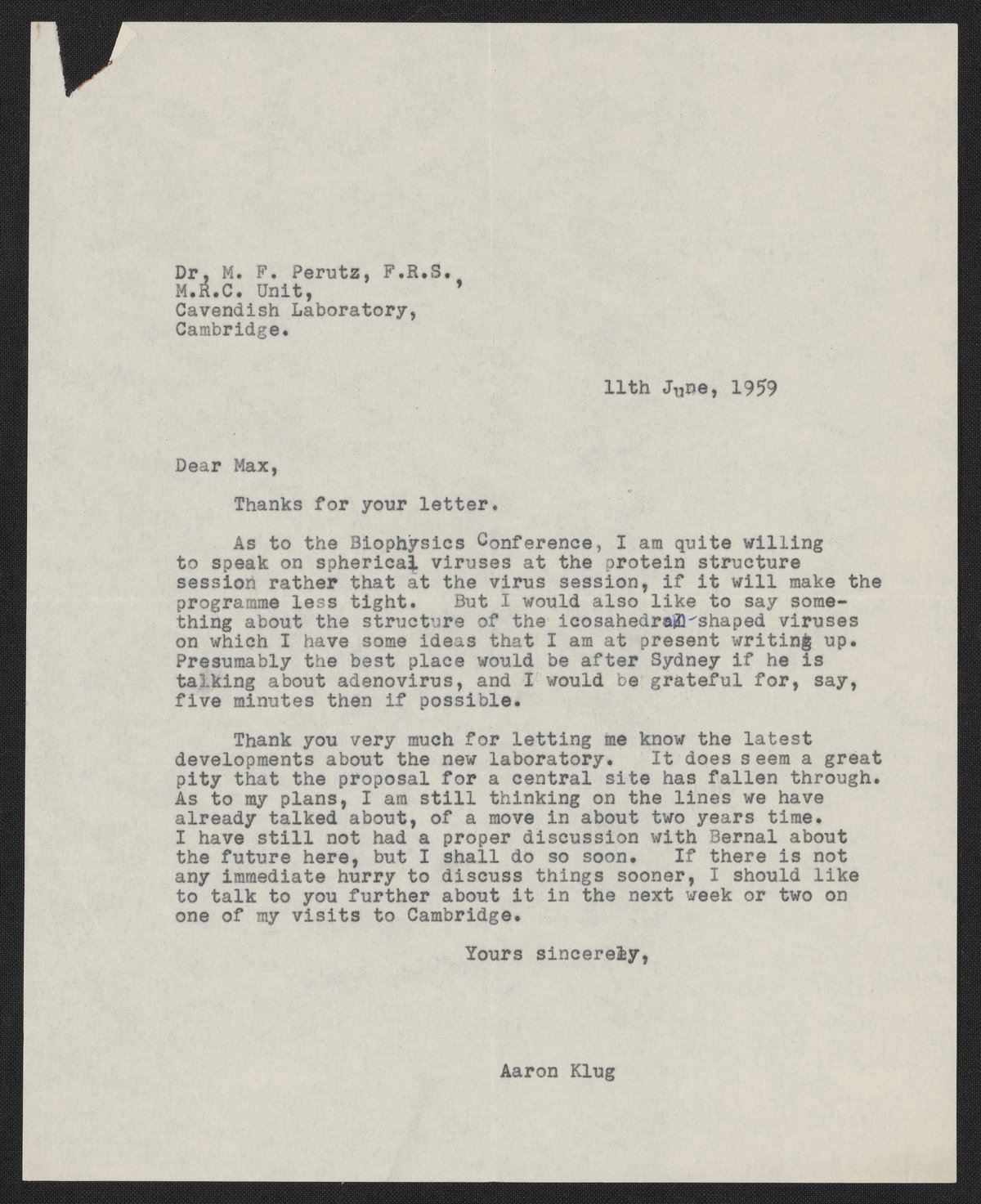 Letter from Aaron Klug to Max Perutz, June 11, 1959 - Science History ...