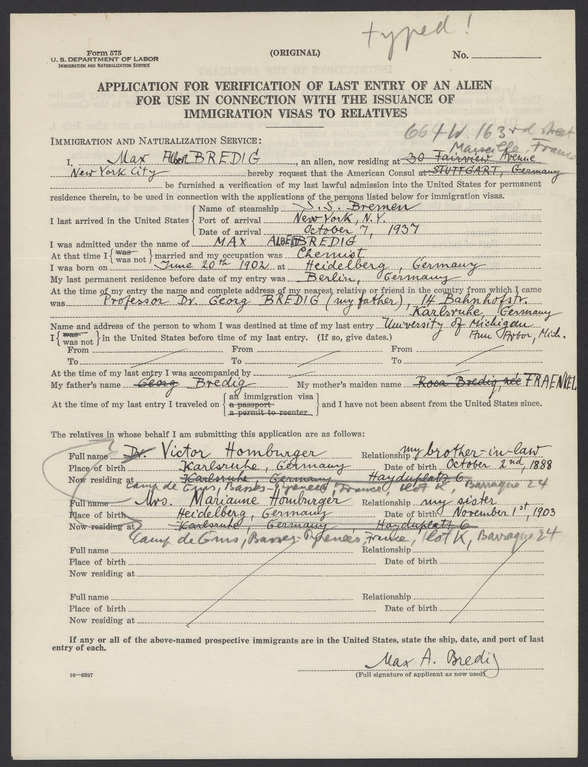 Application for Verification of Last Entry of an Alien for use in ...