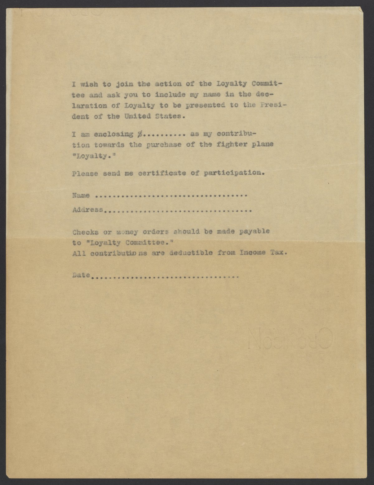Donation form for the Loyalty Committee of Victims of Nazi and Fascist ...