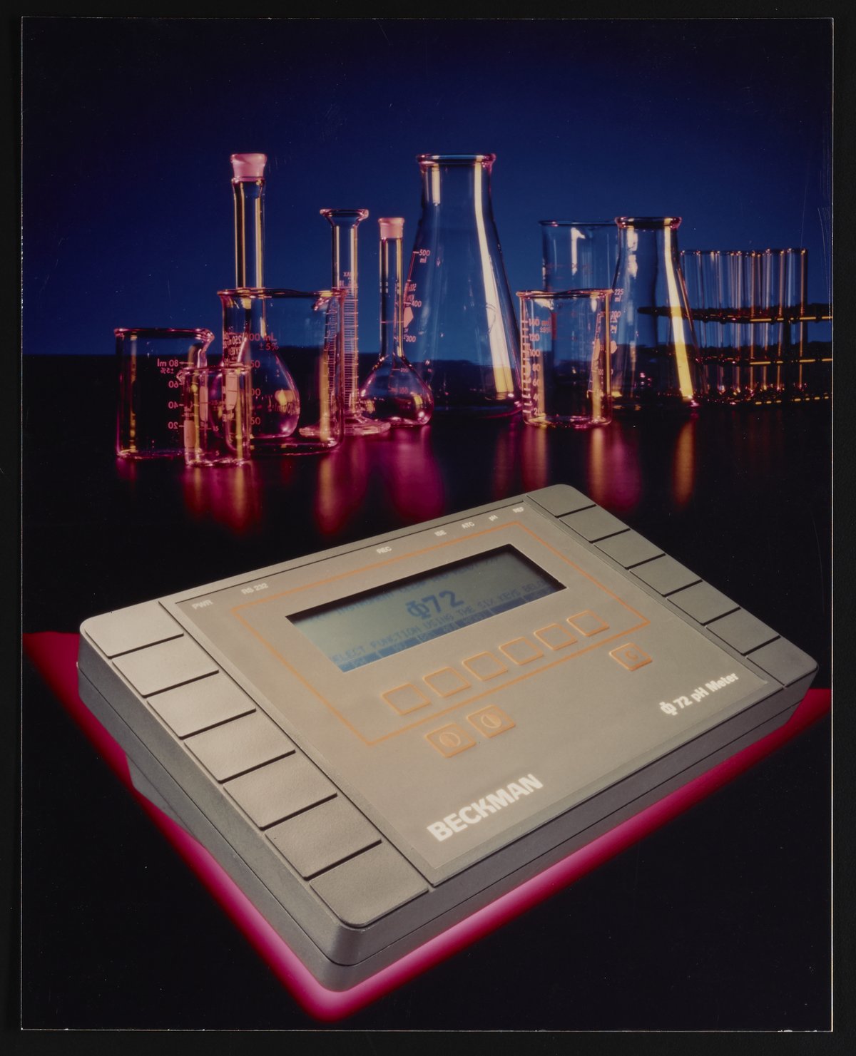 Beckman φ72 pH meter, with dramatically illuminated glassware in the ...