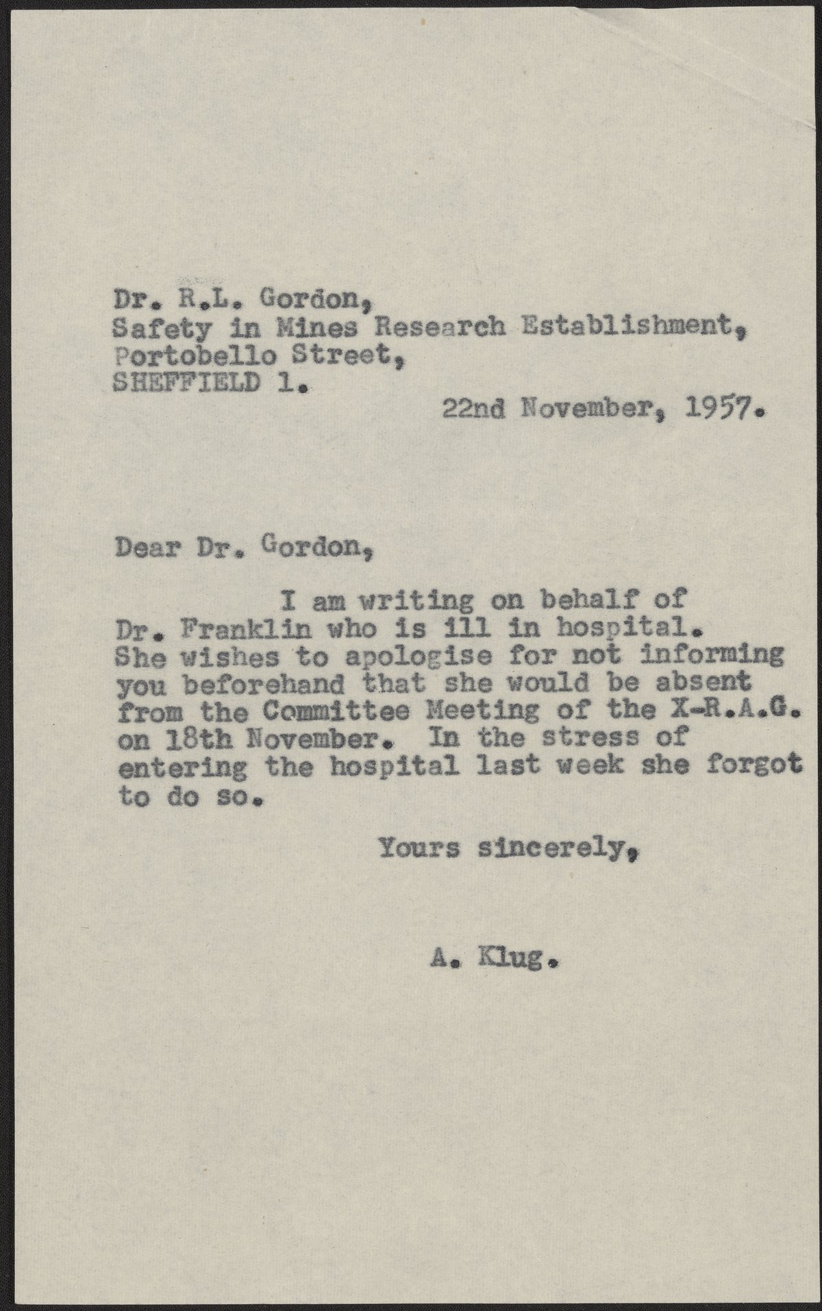 Letter from Aaron Klug to Richard L. Gordon, November 22, 1957 ...