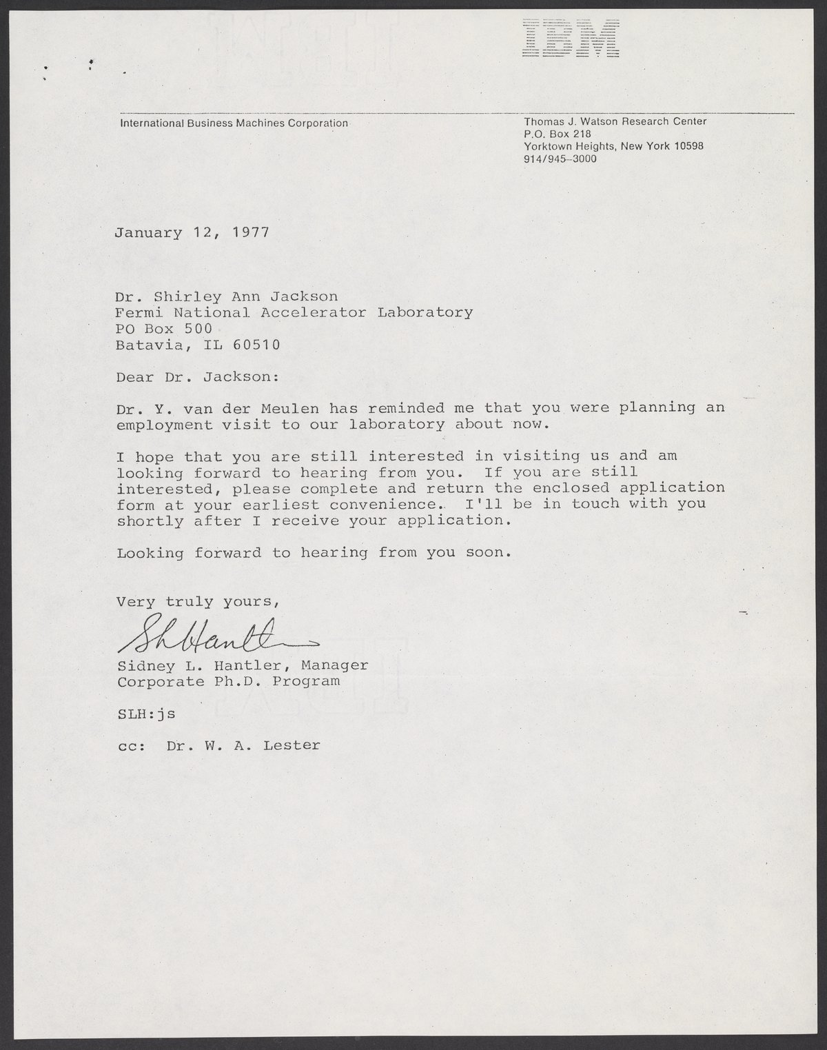 Letter from Sidney L. Hantler to Shirley Ann Jackson, January 1977 ...