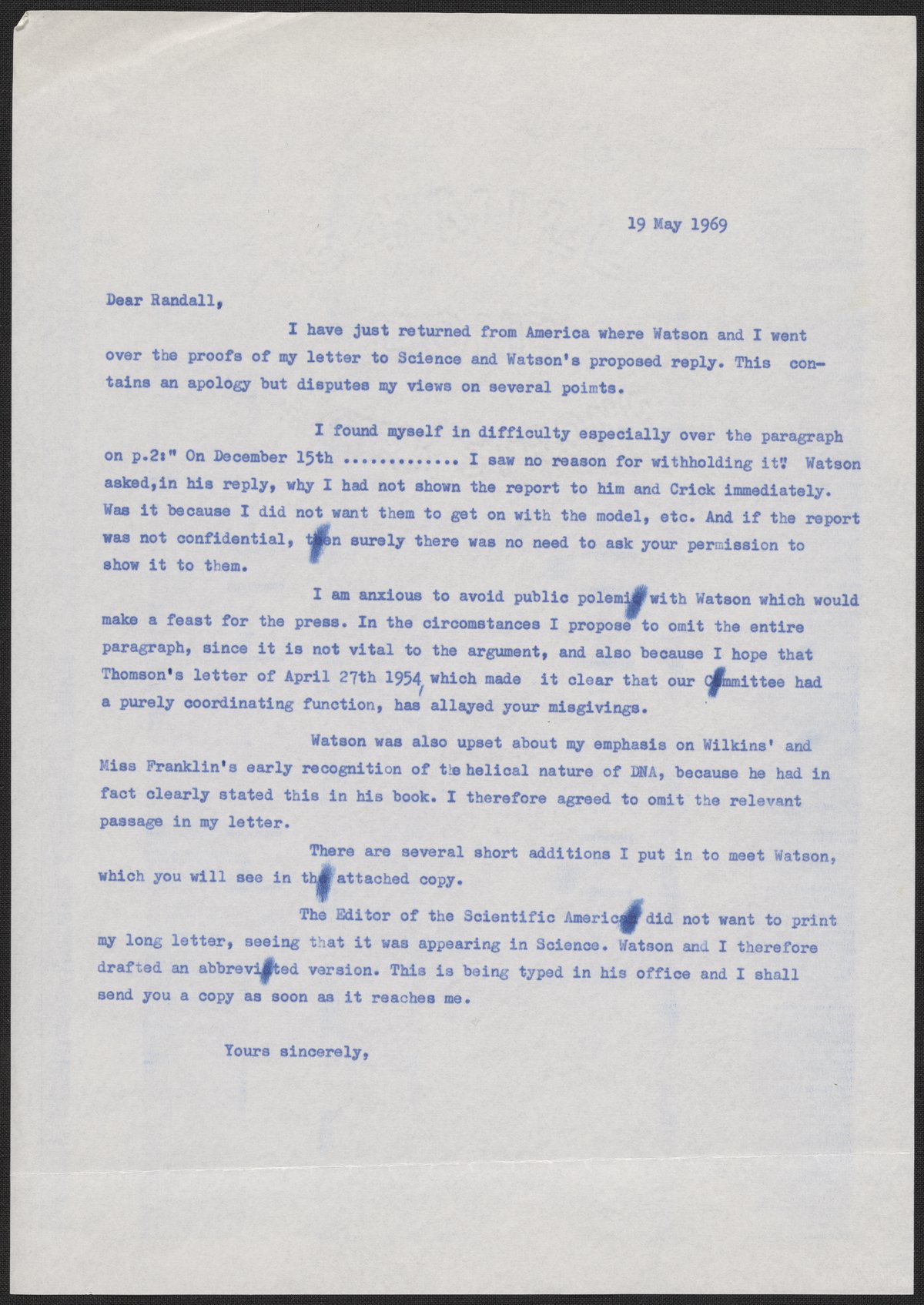 Letter from Max Perutz to John T. Randall, May 19, 1969 - Science ...