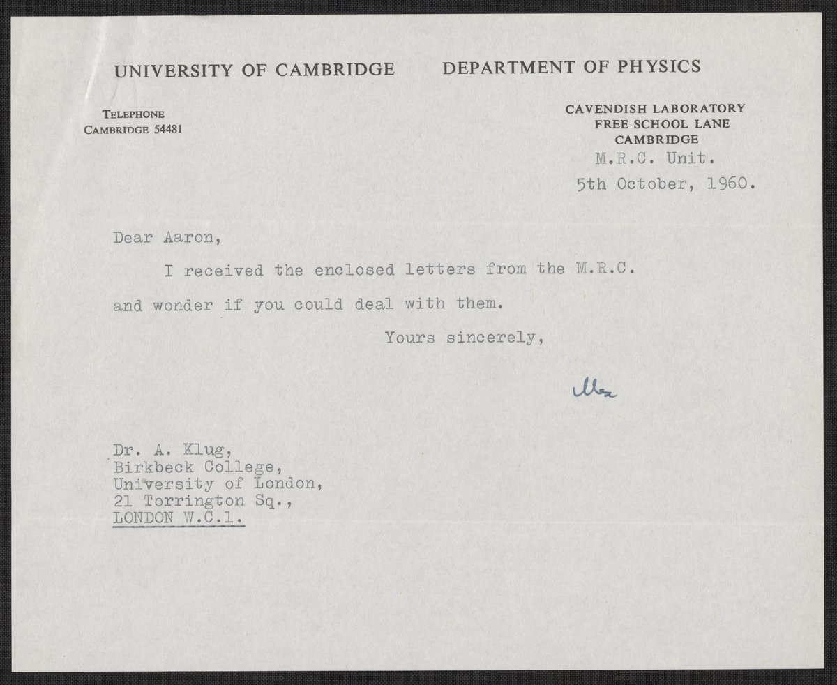 Letters from Max Perutz to Aaron Klug, October 5, 1960 - Science ...