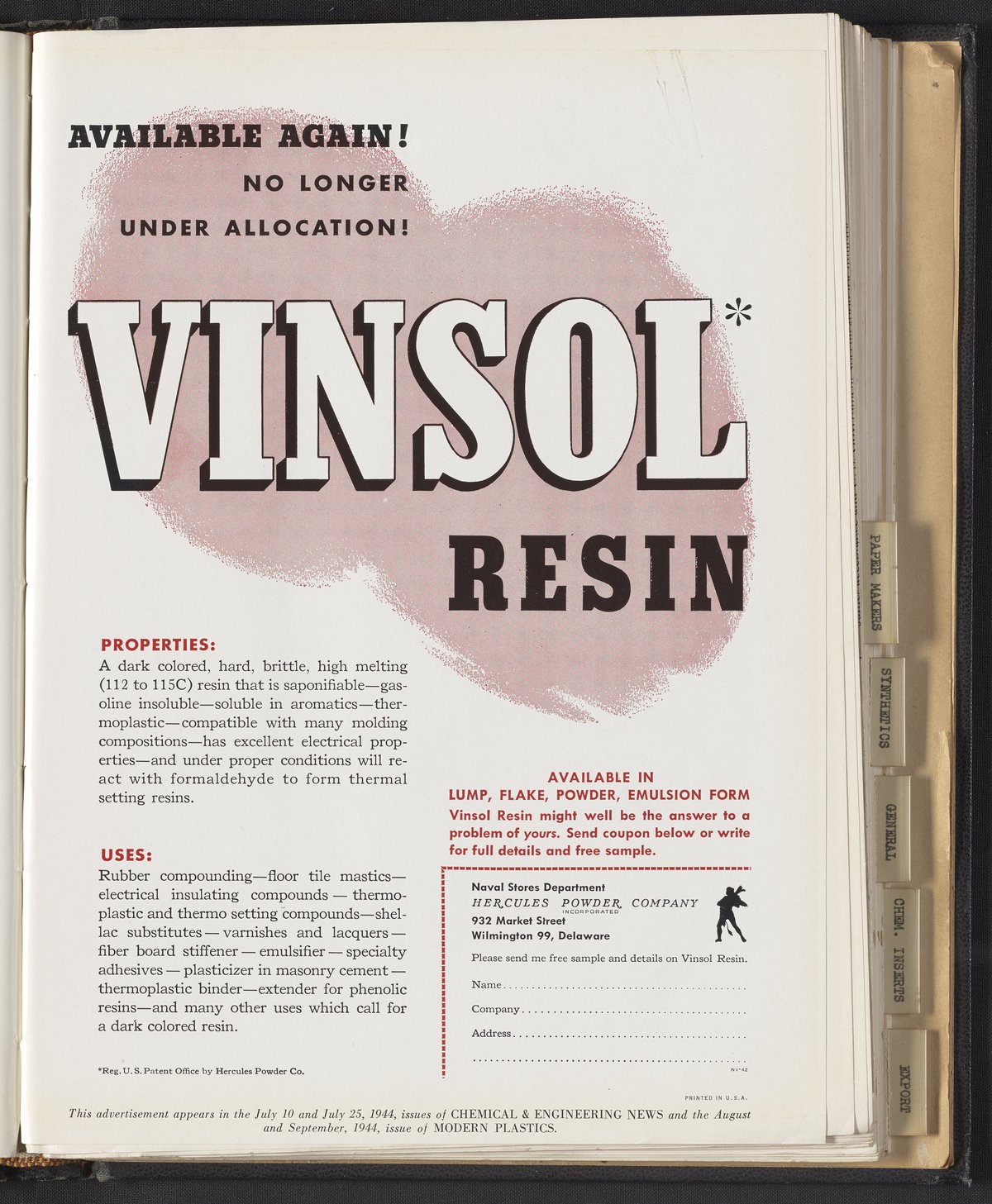 Advertisement for Hercules Vinsol Resin - Science History Institute ...