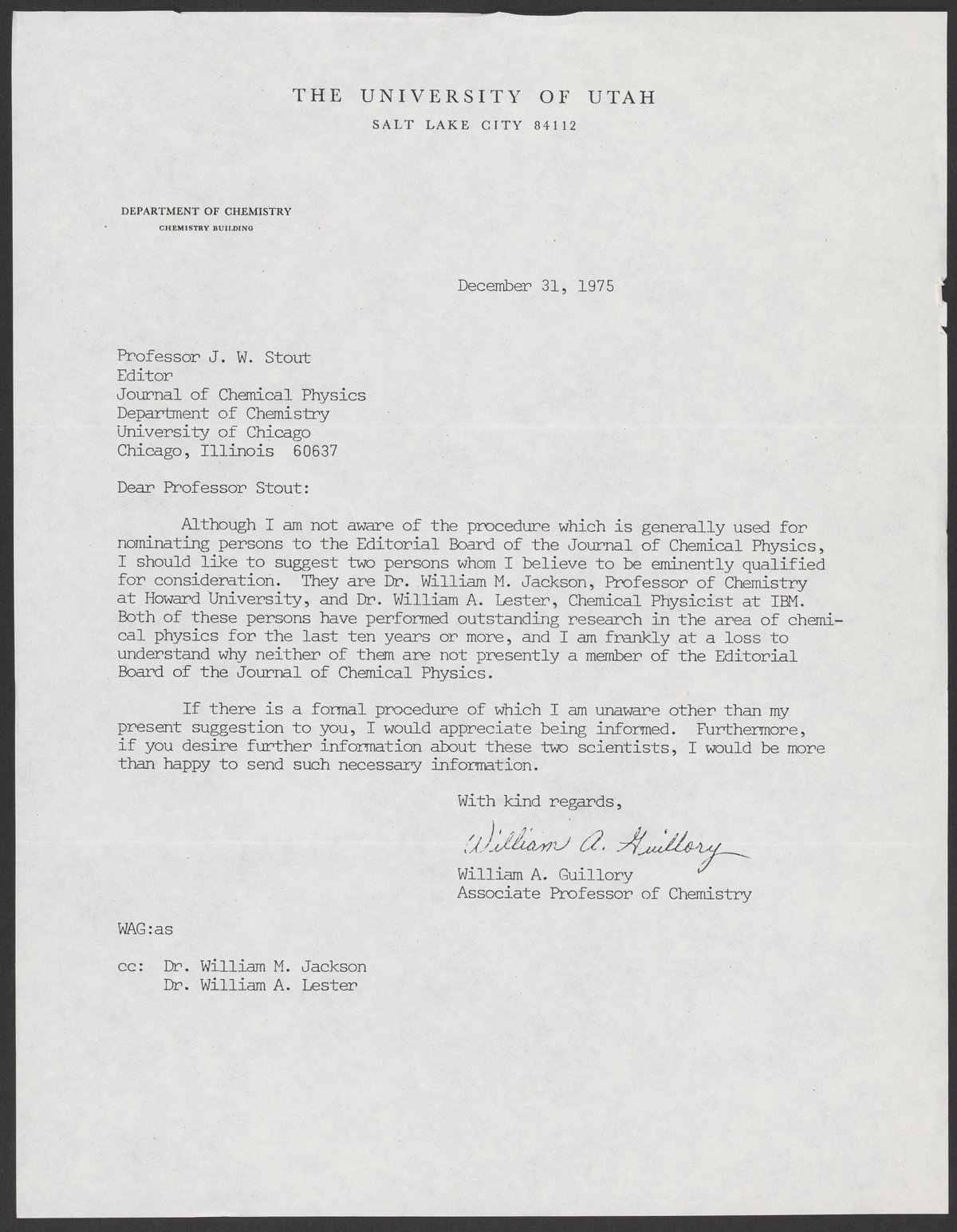 Letter from William A. Guillory to J. W. Stout, December 31, 1975 ...