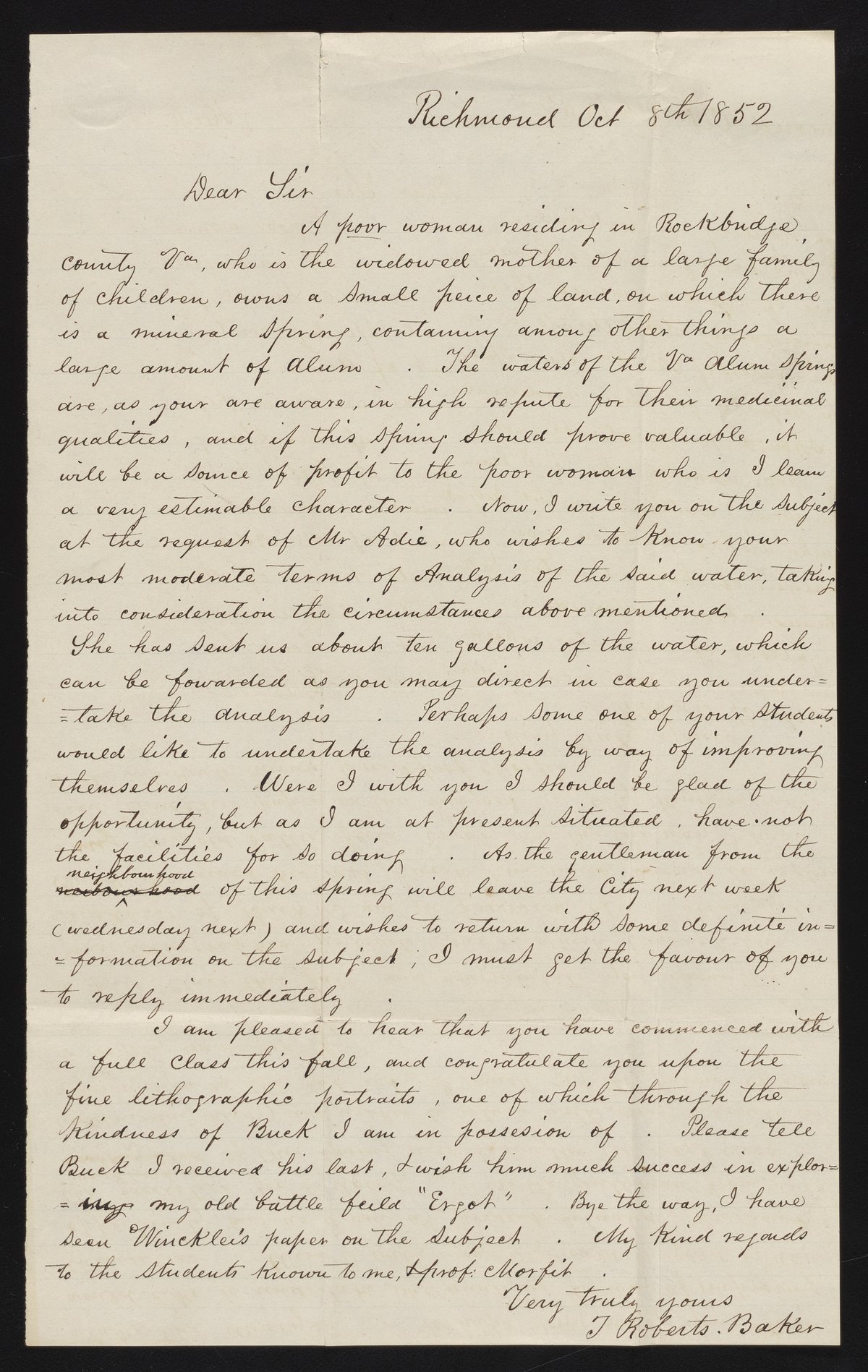 Letter from T. Roberts Baker to James C. Booth, October 8, 1852 ...