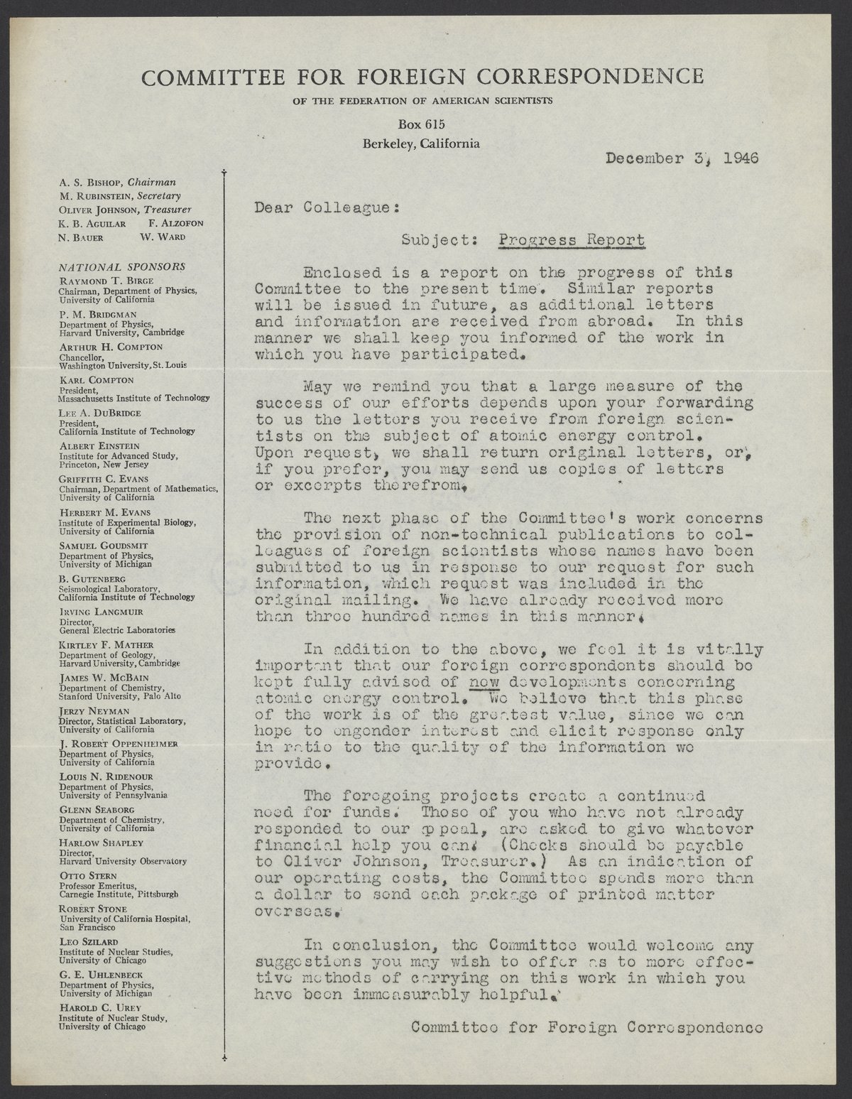 Progress report from the Committee for Foreign Correspondence - Science ...