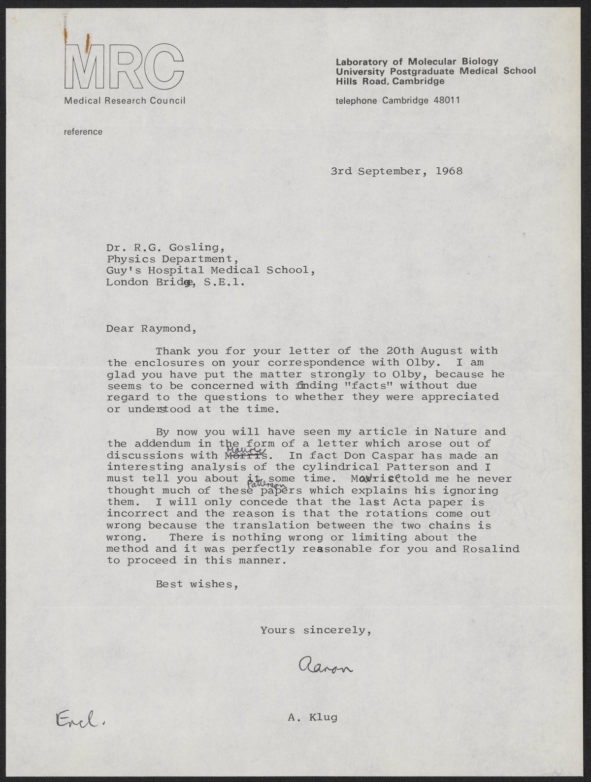 Letter from Aaron Klug to Raymond Gosling, September 3, 1968 - Science ...