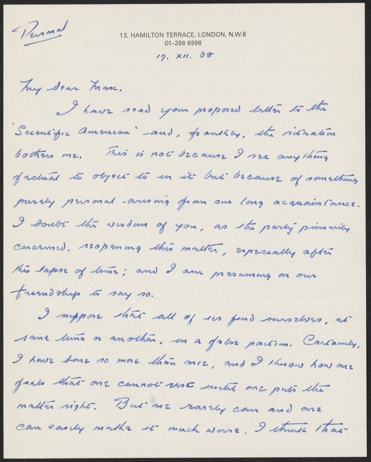 Letter from Harold Himsworth to Max Perutz, December 17, 1968 - Science ...