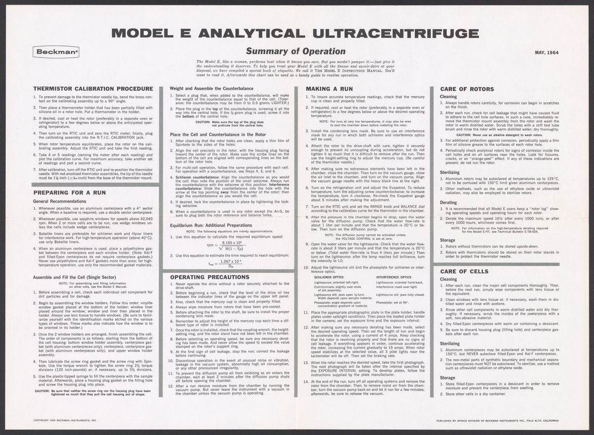 Beckman Model E Analytical Ultracentrifuge Summary of Operation ...