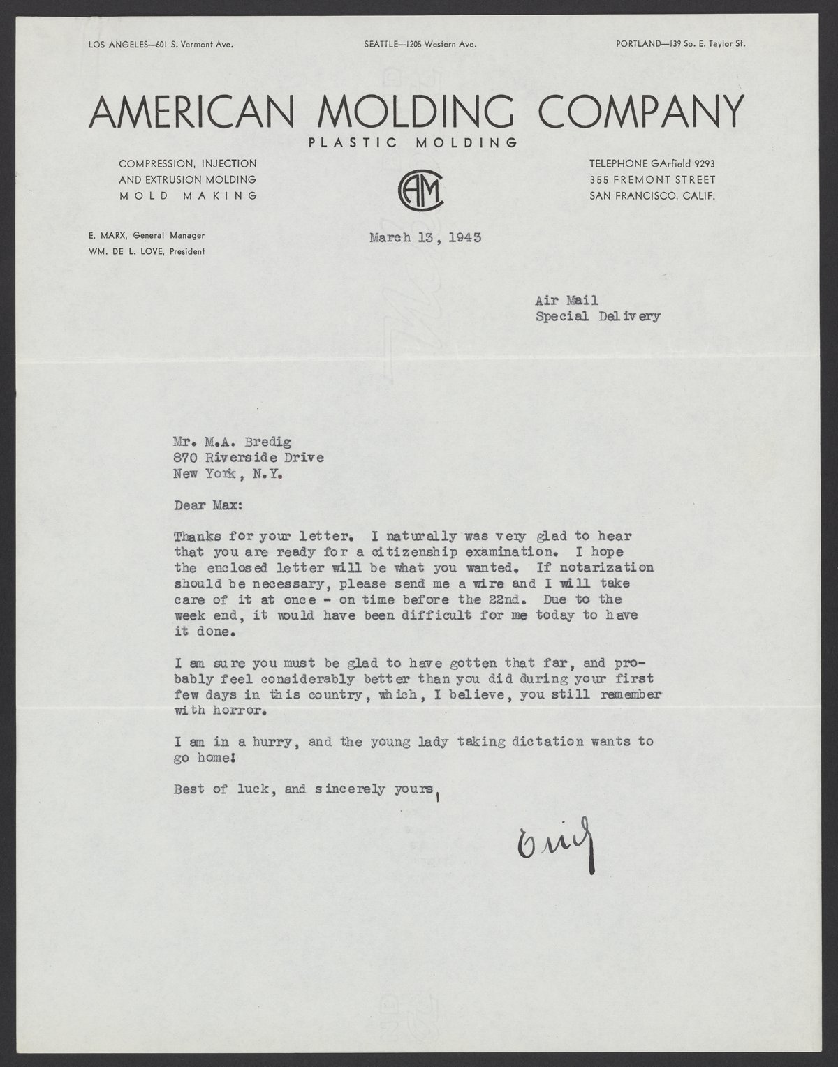 Letter from Erich Marx to Max Bredig, March 13, 1943 - Science History ...
