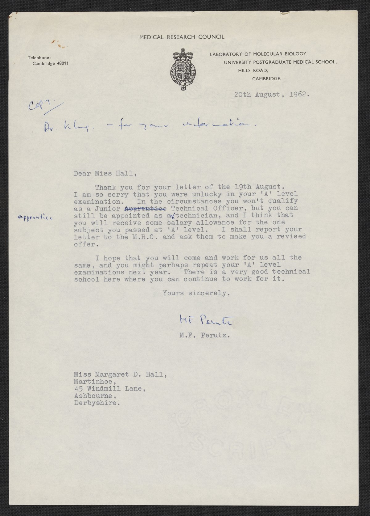Letter from Max Perutz to Margaret D. Hall, August 20, 1962 - Science ...