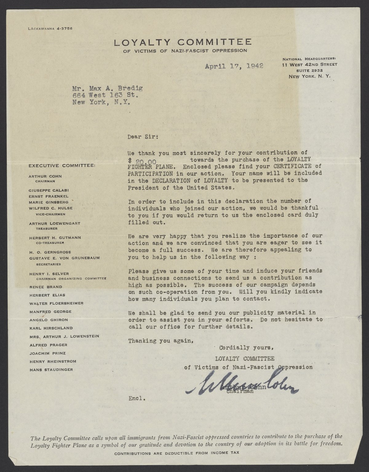 Letter from the Loyalty Committee of Victims of Nazi and Fascist ...