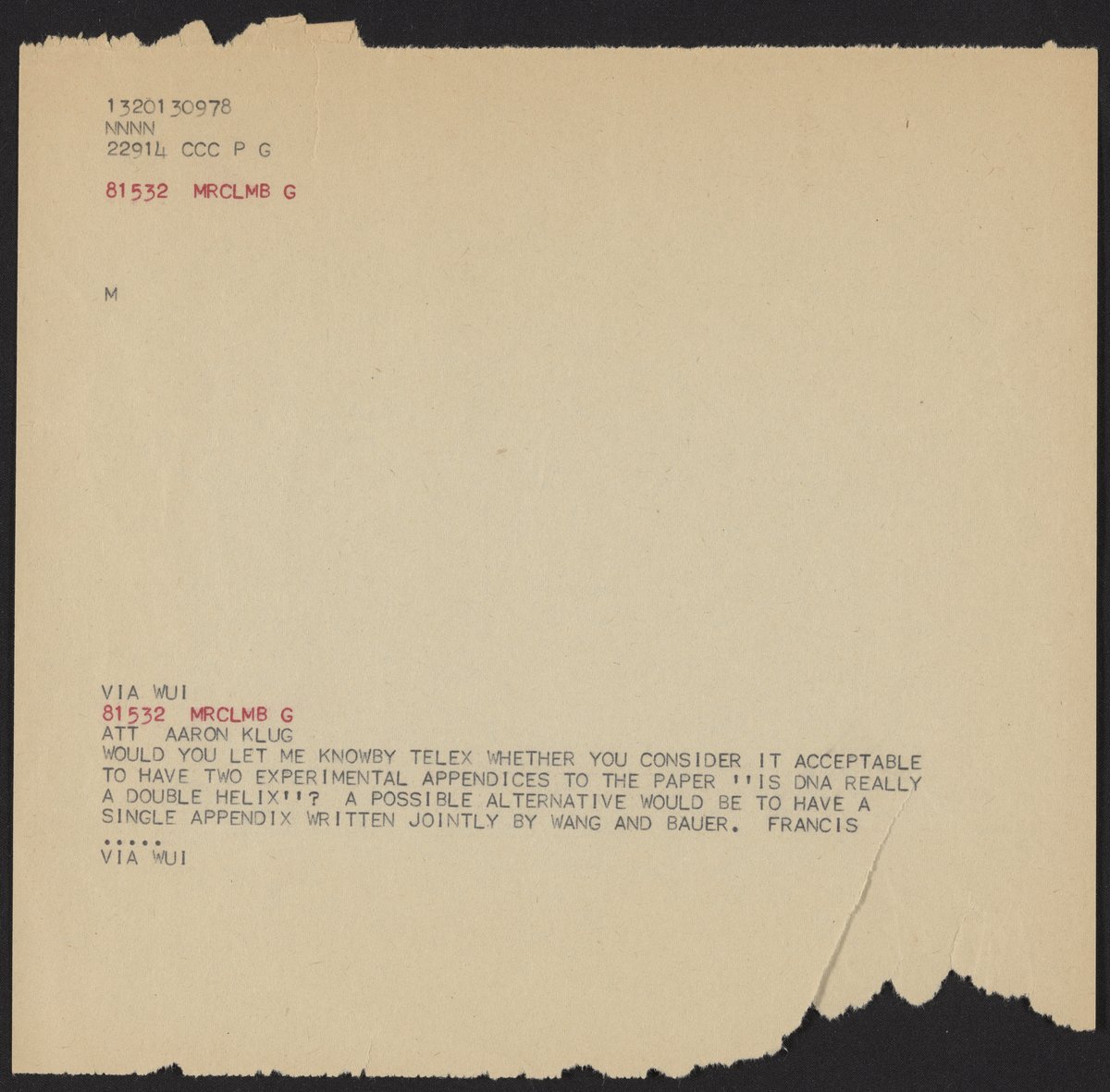 Telex from Francis Crick to Aaron Klug, September, 1978 - Science ...