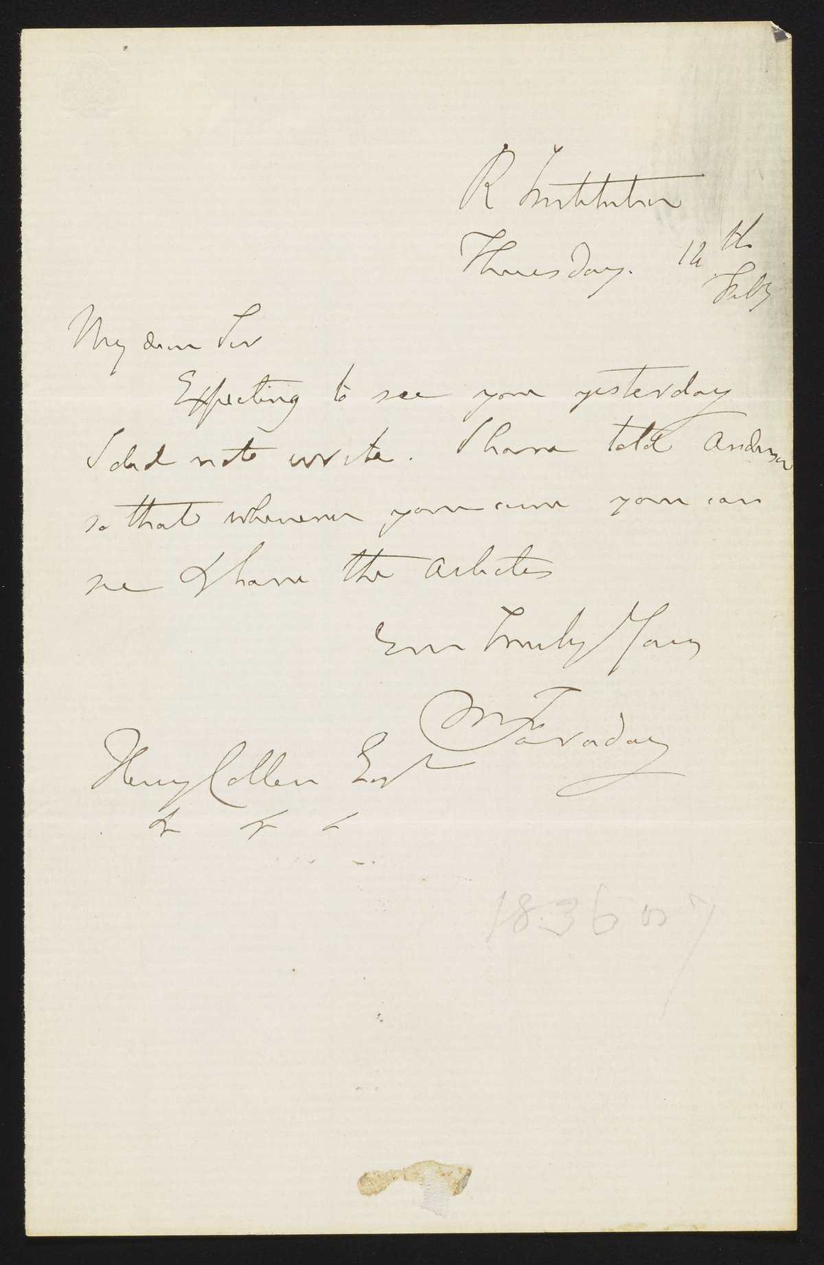 Letter from Michael Faraday to Henry Cullen - Science History Institute ...