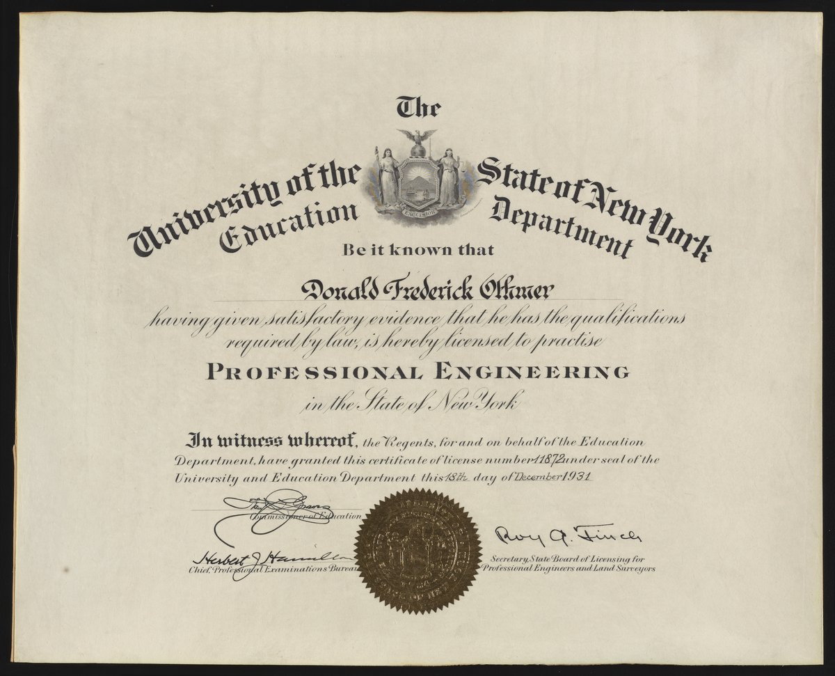 Certificate licensing Donald F. Othmer as a Professional Engineer in ...