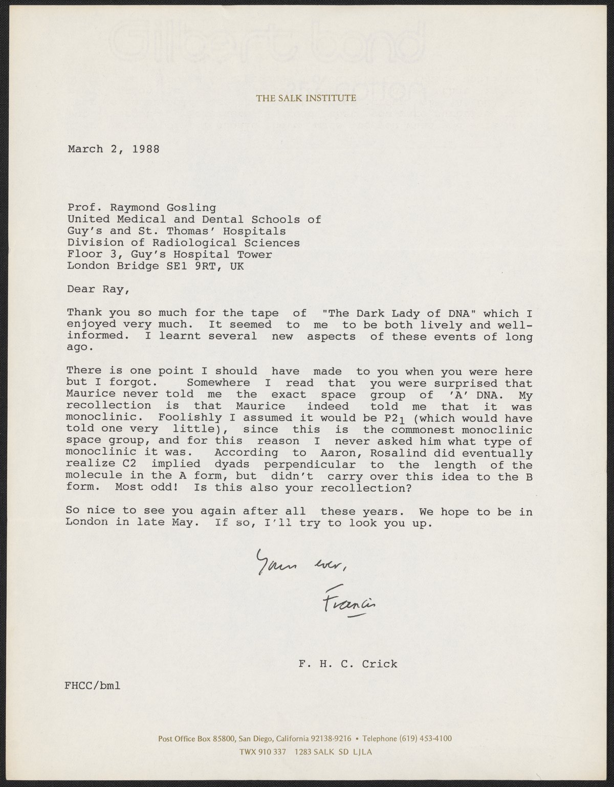 Letter from Francis Crick to Raymond Gosling, March 2, 1988 - Science ...