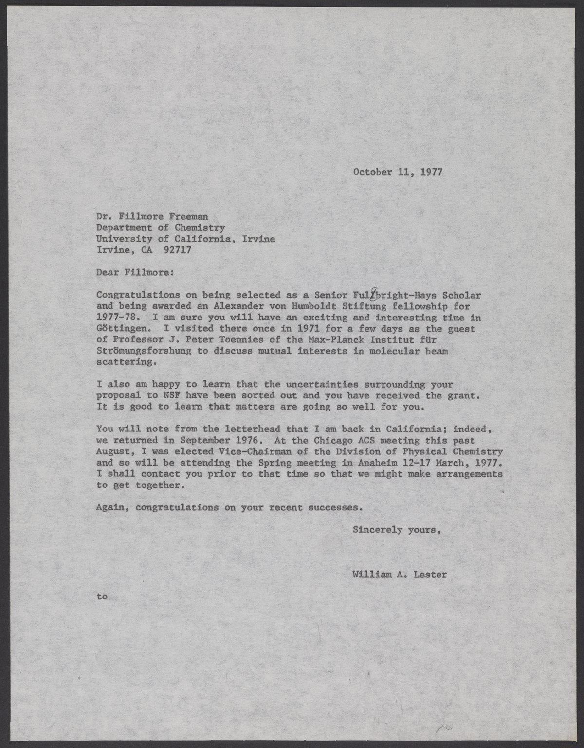 Letter from William A. Lester, Jr. to Fillmore Freeman, October 11 ...