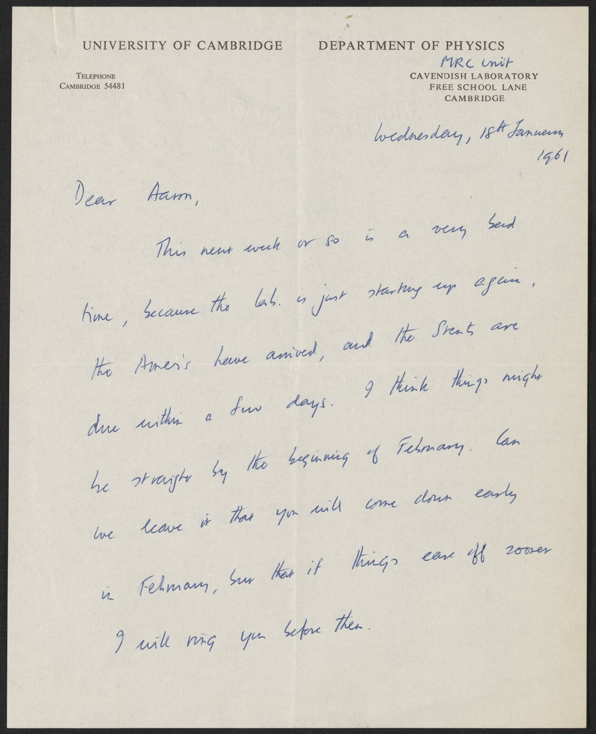 Letter from Francis Crick to Aaron Klug, January 18, 1961 - Science ...