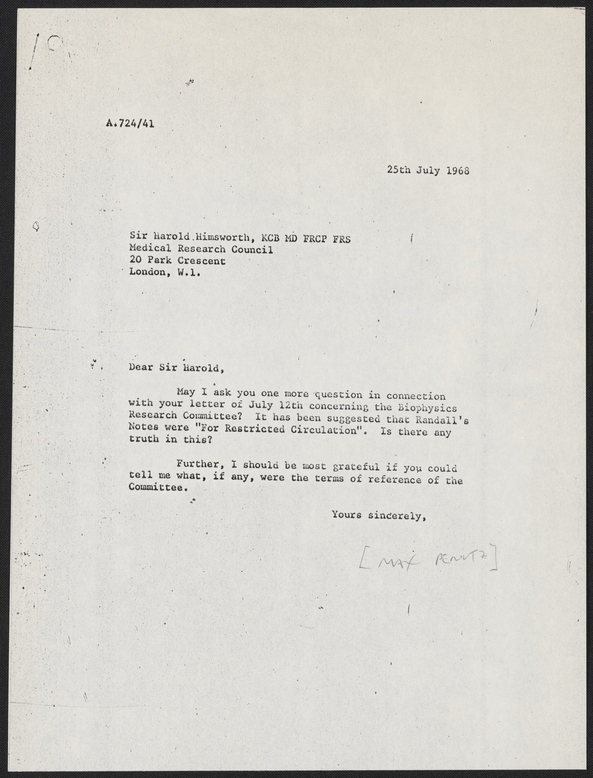 Letter from Max Perutz to Sir Harold Himsworth, July 25, 1968 - Science ...