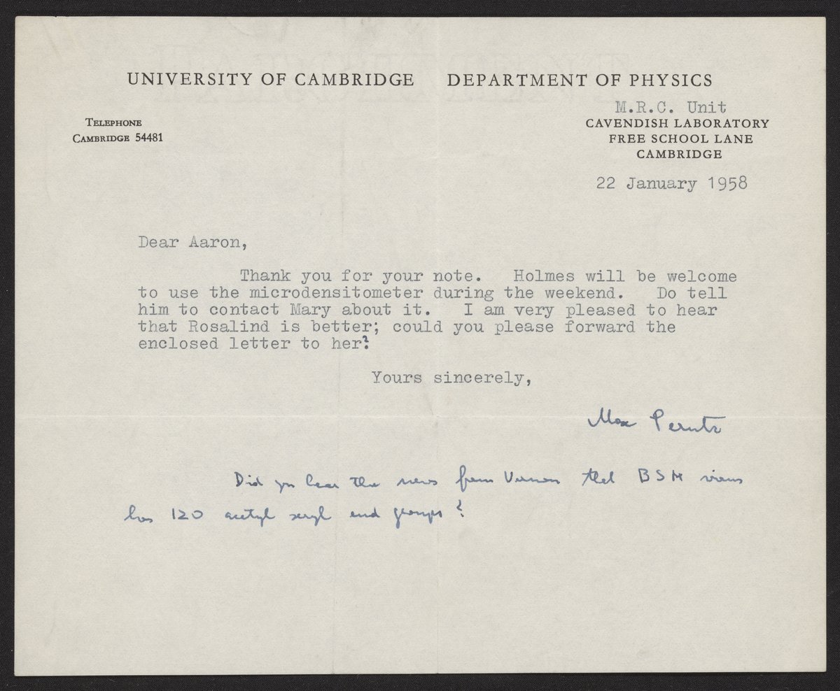Letter from Max Perutz to Aaron Klug, January 22, 1958 - Science ...