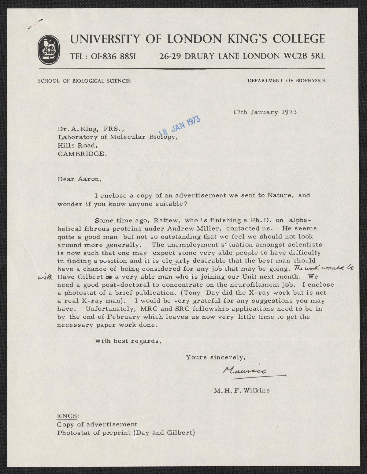 Letters between Maurice Wilkins and Aaron Klug, January and February ...