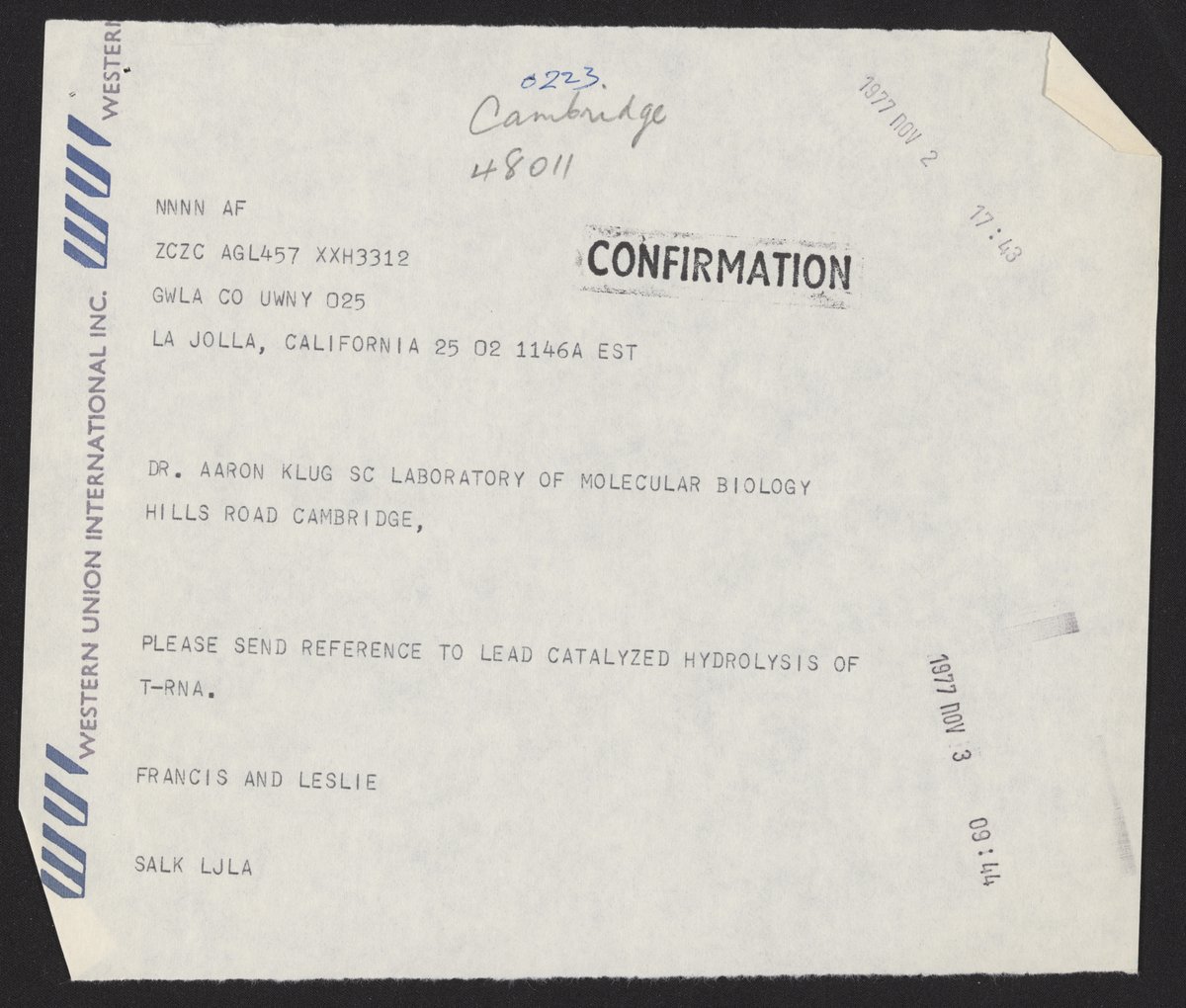 Telegram from Aaron Klug to Francis and Leslie Crick, November 2, 1977 ...