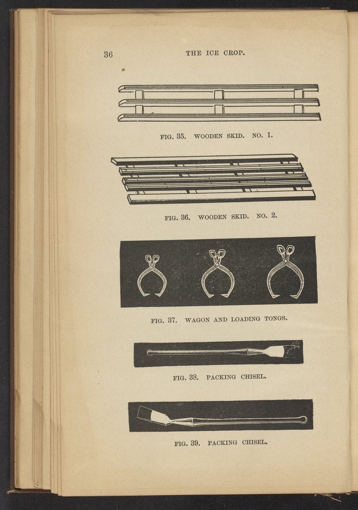 Figures 35-39: Wooden Skids, Wagon and Loading Tongs, Packing Chisels ...