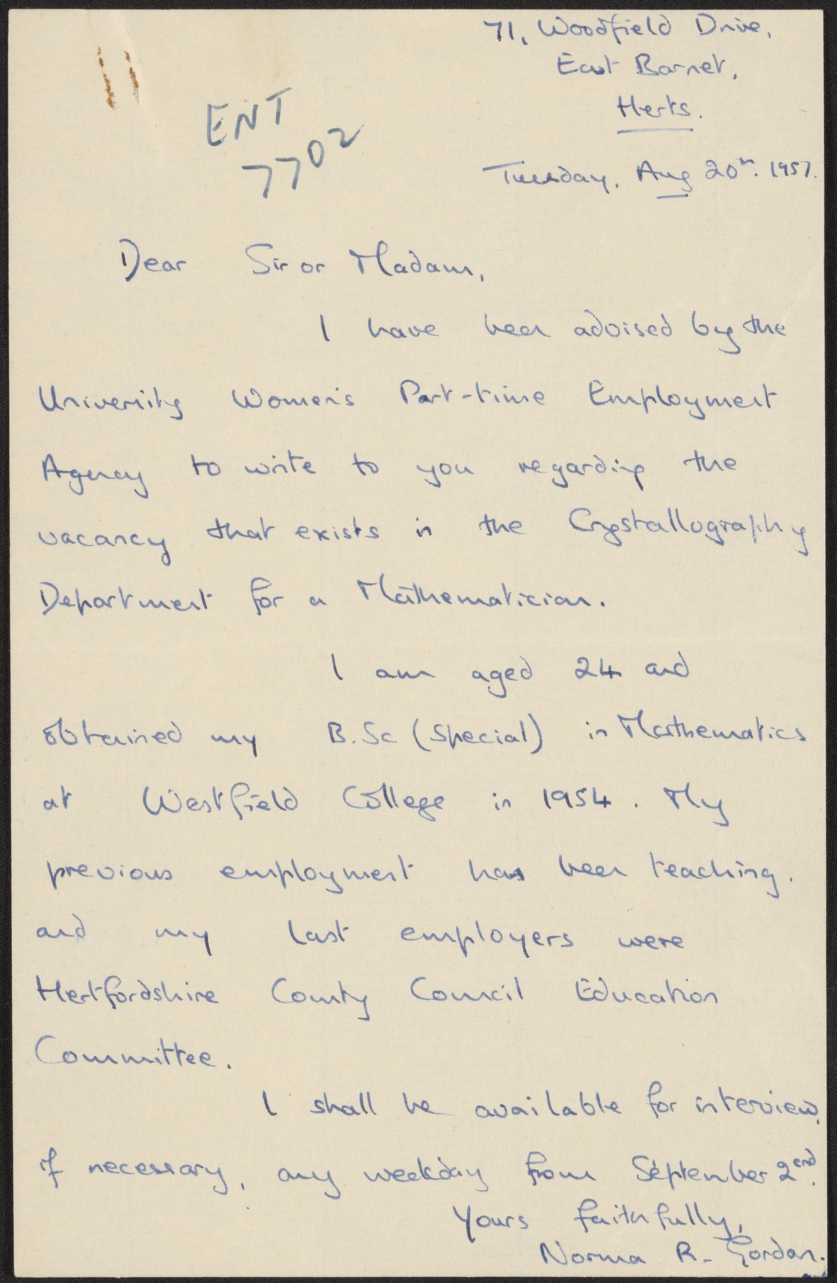Letter from Norma R. Gordon to Rosalind Franklin, August 20, 1957 ...