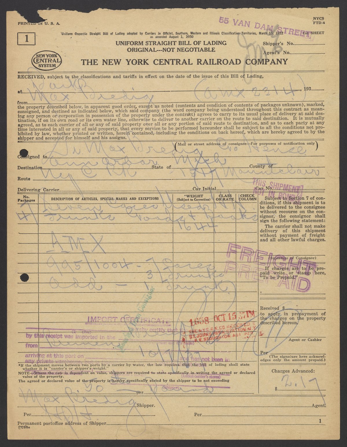 Shipment form from The New York Central Railroad Company - Science ...