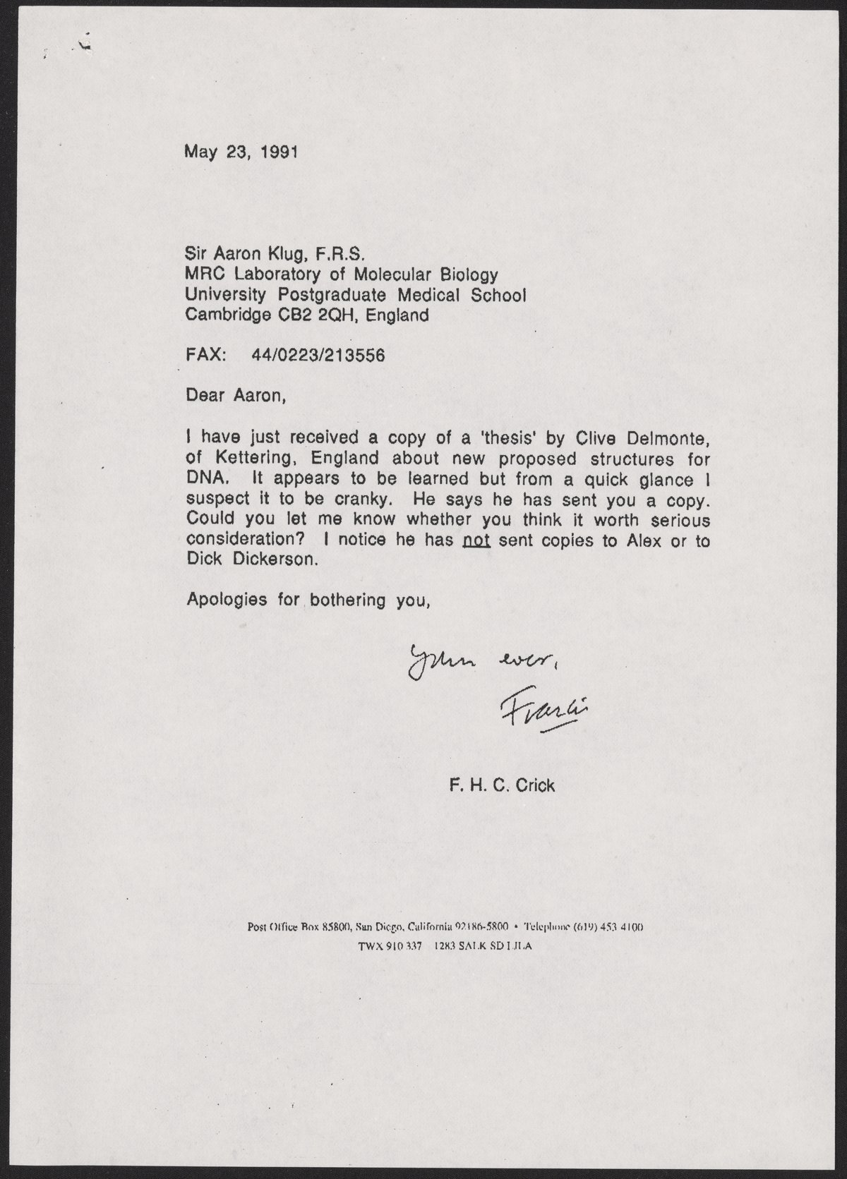 Fax from Francis Crick to Aaron Klug, May 23, 1991 - Science History ...