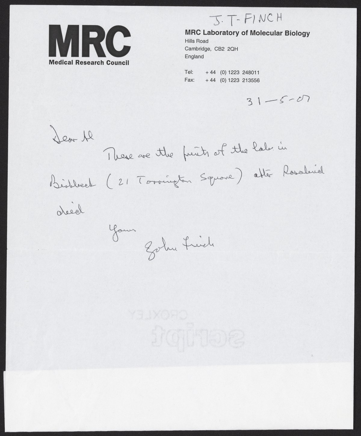 Letter from John Thomas Finch - Science History Institute Digital ...