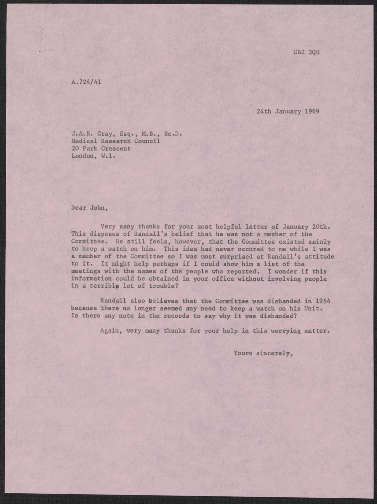 Letter from Max Perutz to J.A.B. Gray, January 24, 1969 - Science ...