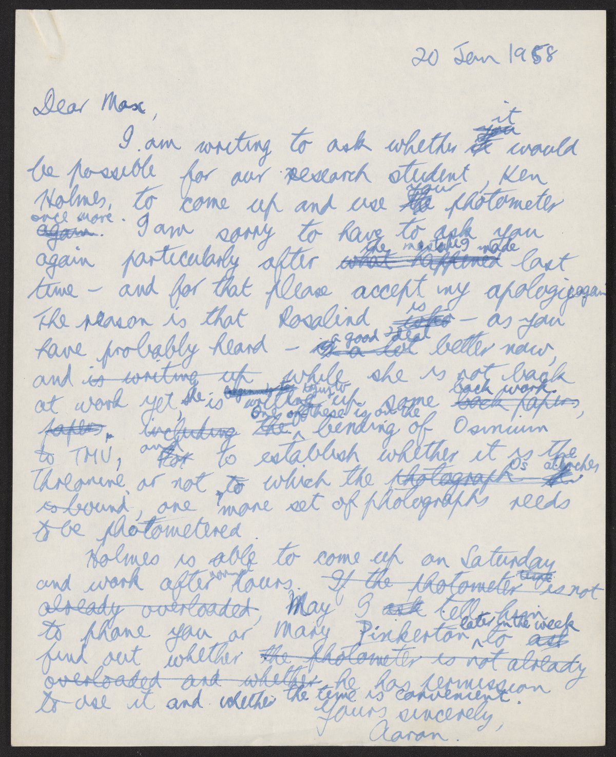 Letter from Aaron Klug to Max Perutz, January 20, 1958 - Science ...
