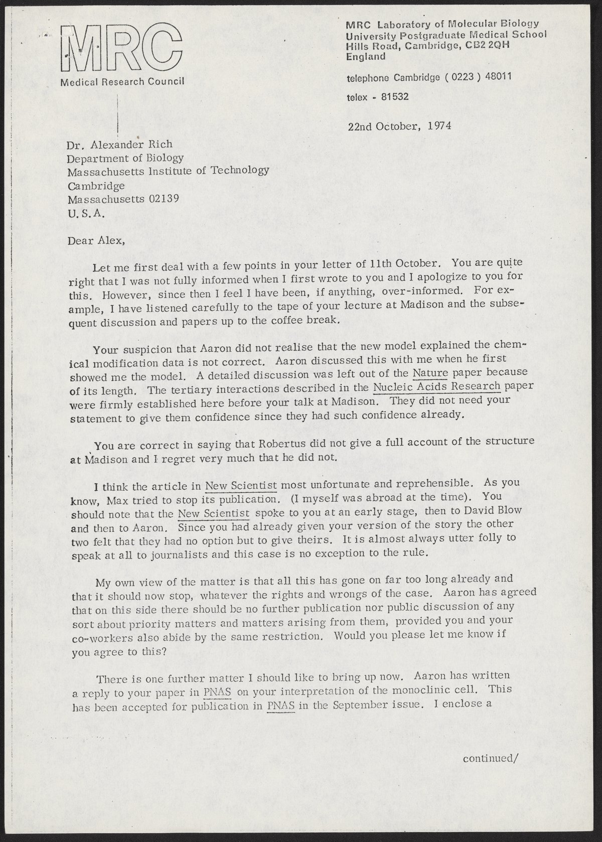 Letter from Francis Crick to Alexander Rich, October 22, 1974 - Science ...