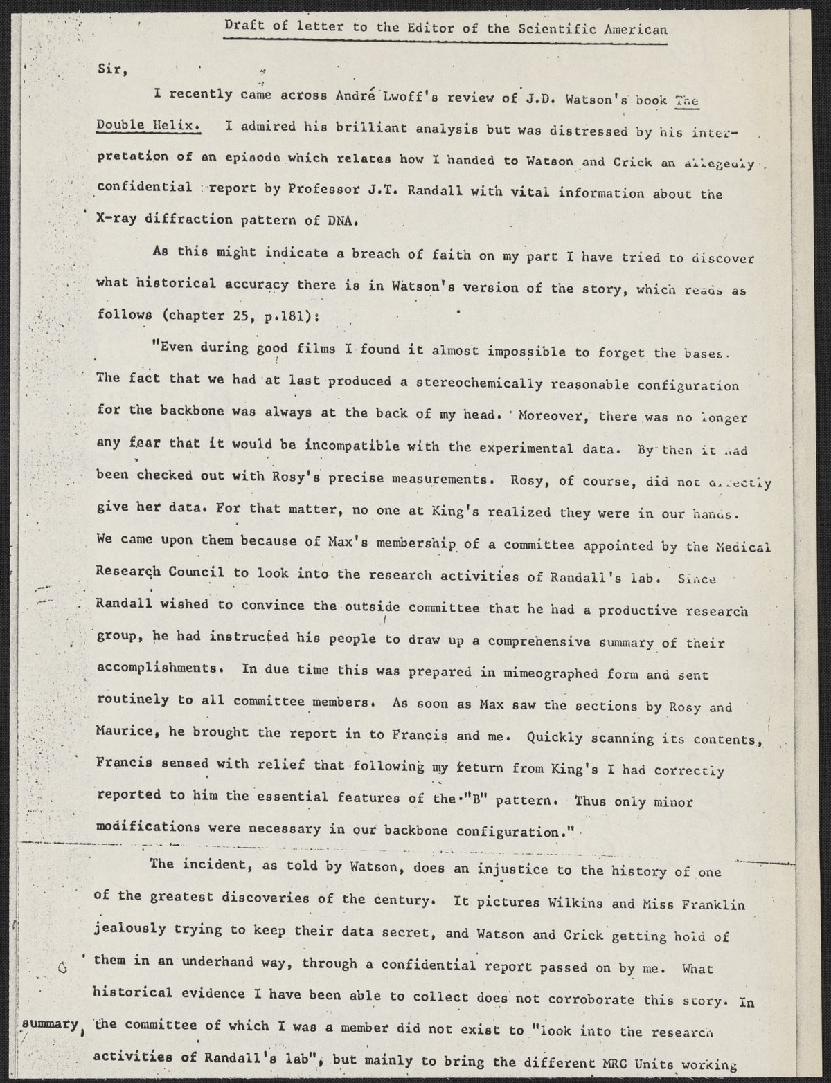 Draft of letter to the editor of Scientific American written by Max ...