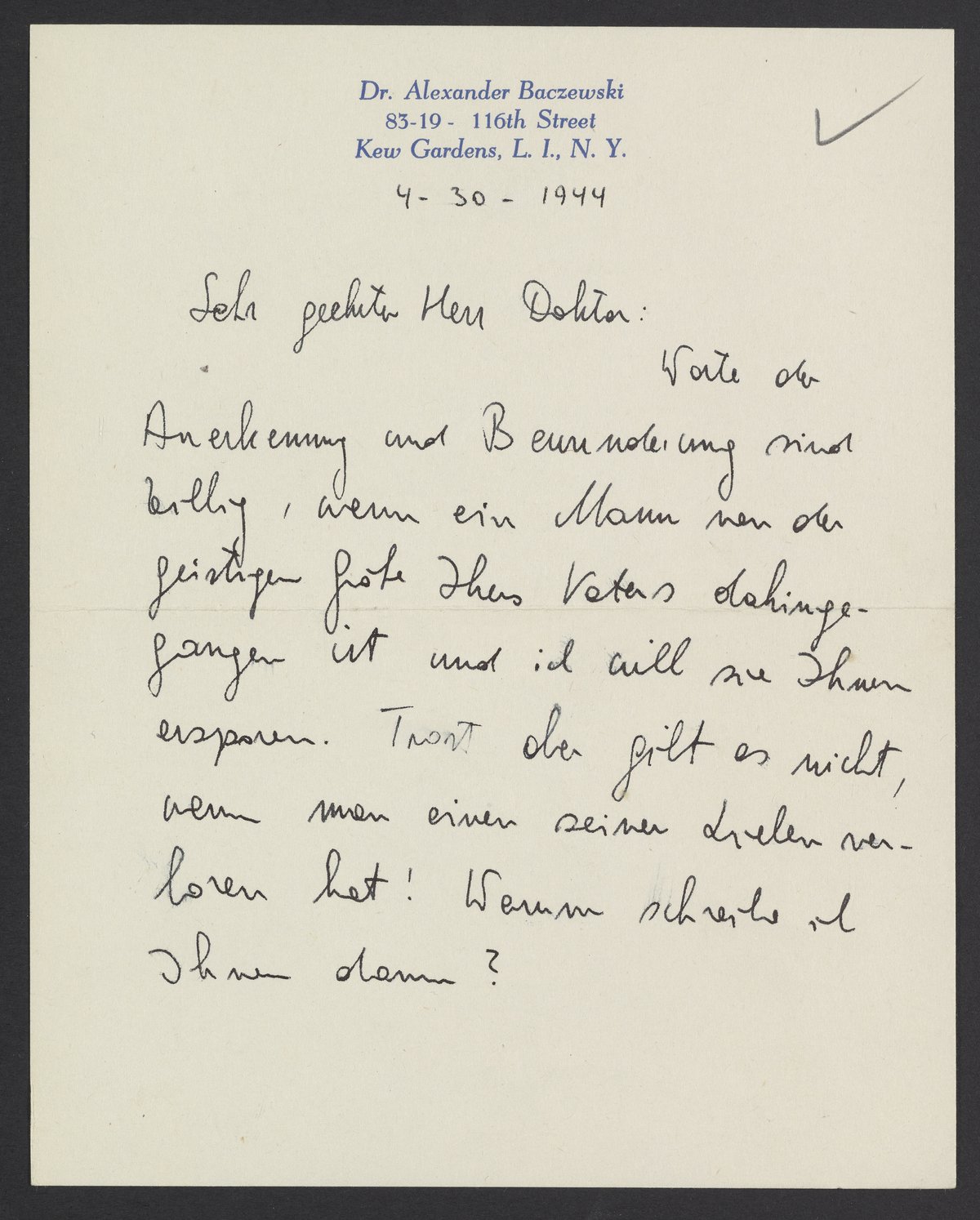 Letter of condolence from Alexander Baczewski to Max Bredig - Science ...