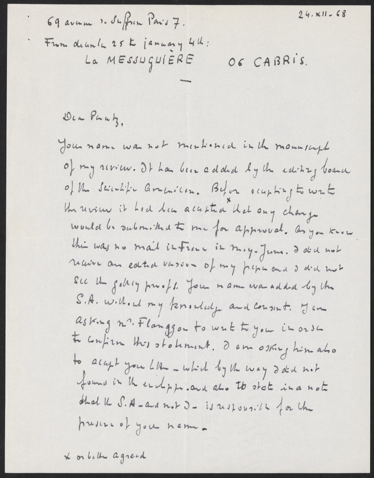 Letter from André Lwoff to Max Perutz, November 24, 1968 - Science ...