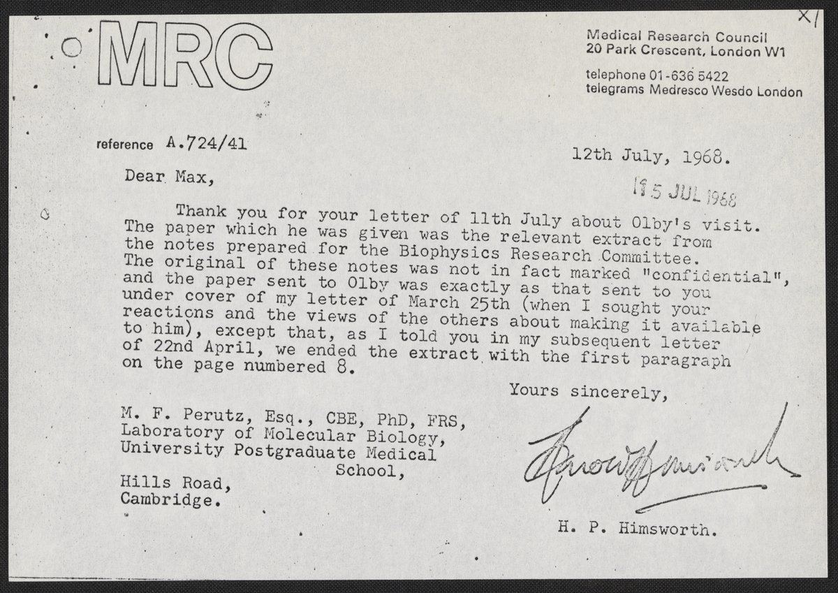 Letter from Sir Harold Himsworth to Max Perutz, July 12, 1968 - Science ...
