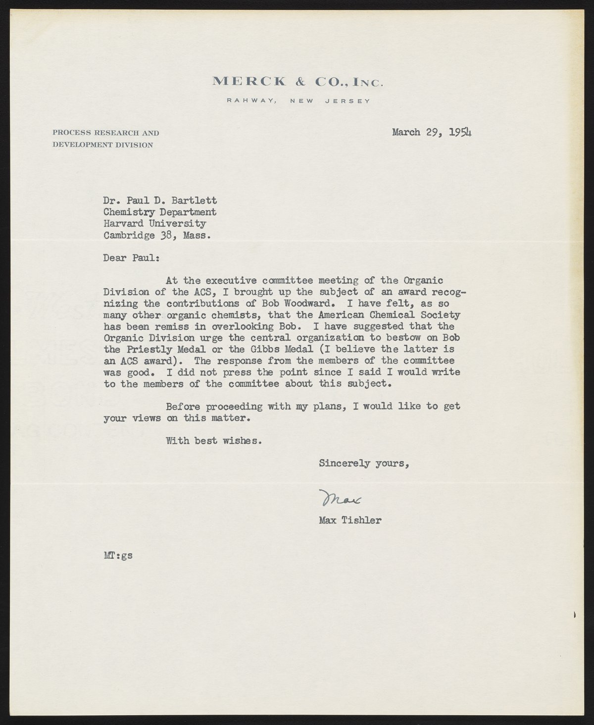 Letter from Max Tishler to Paul Bartlett - Science History Institute ...