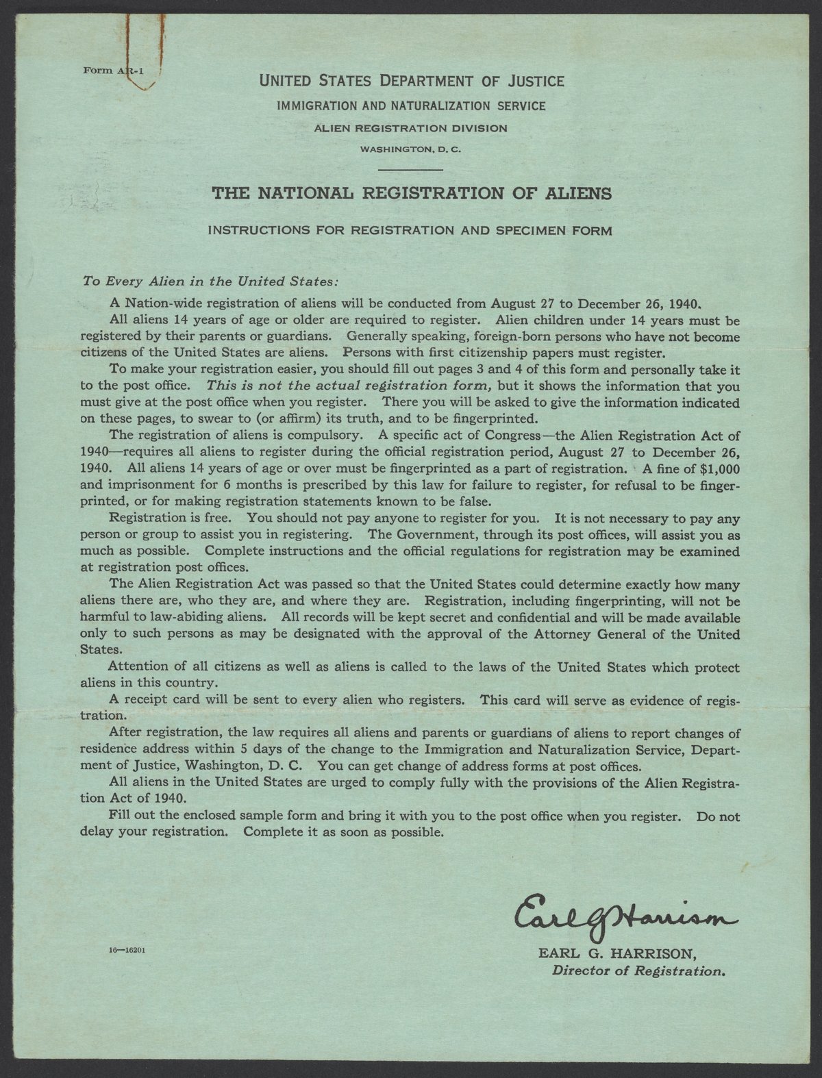 The National Registration of Aliens Instructions for Registration and ...