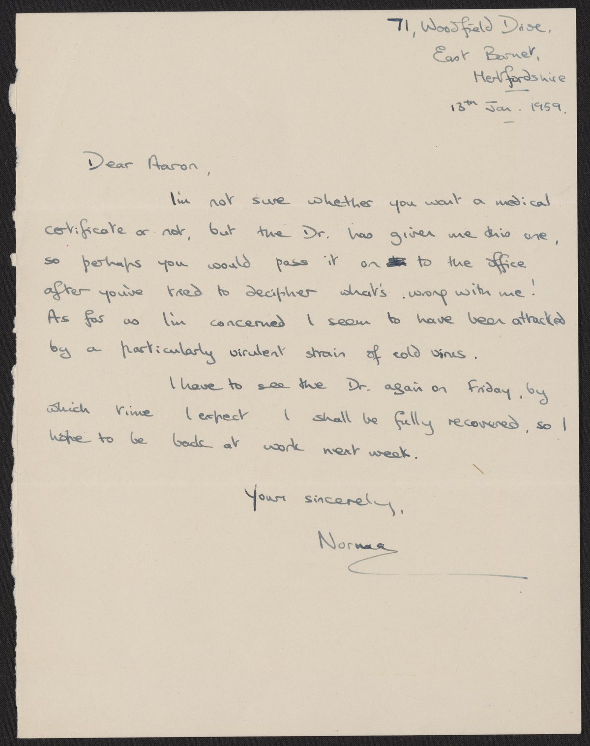 Letter from Norma R. Gordon to Aaron Klug, January 13, 1959 - Science ...