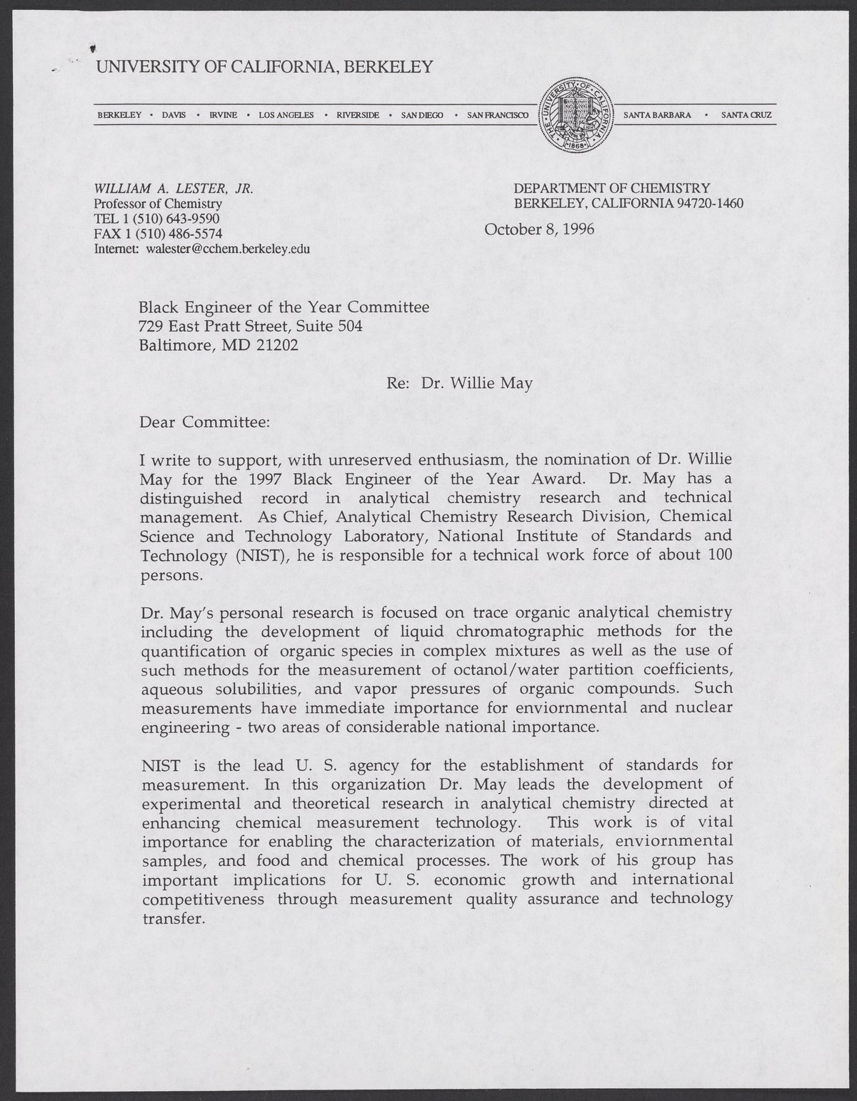 Letter from William A. Lester, Jr. to the Black Engineer of the Year ...