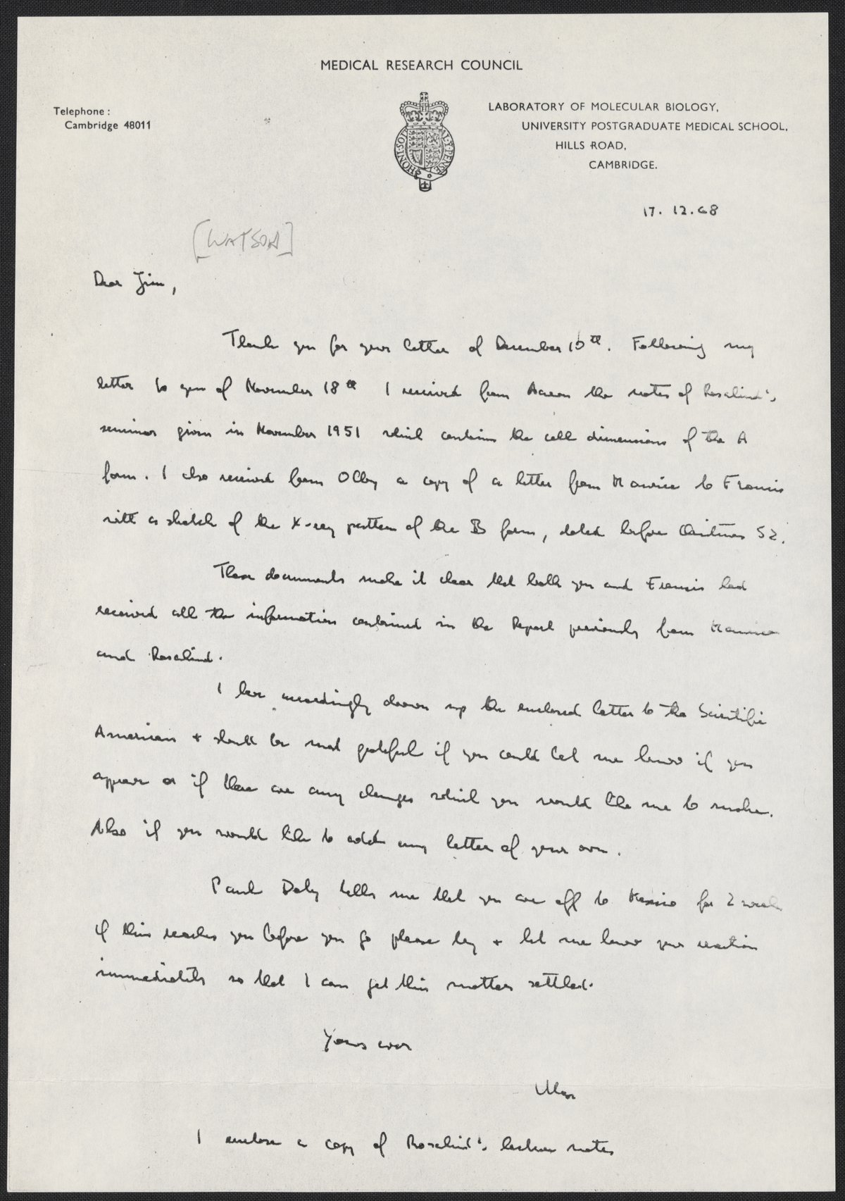 Letter from James D. Watson to Max Perutz, December 17, 1968 - Science ...