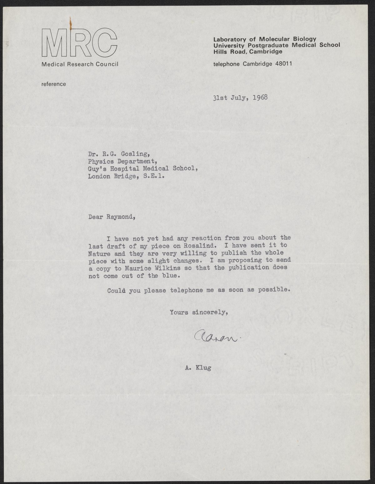 Letter from Aaron Klug to Raymond Gosling, July 31, 1968 - Science ...