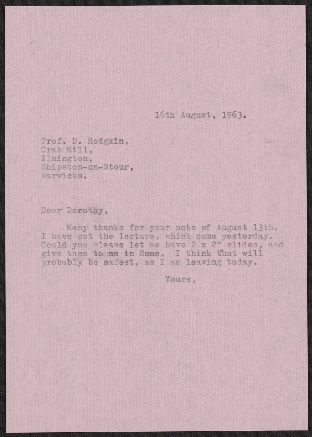 Letter from Max Perutz to Dorothy Hodgkin, August 16, 1963 - Science ...