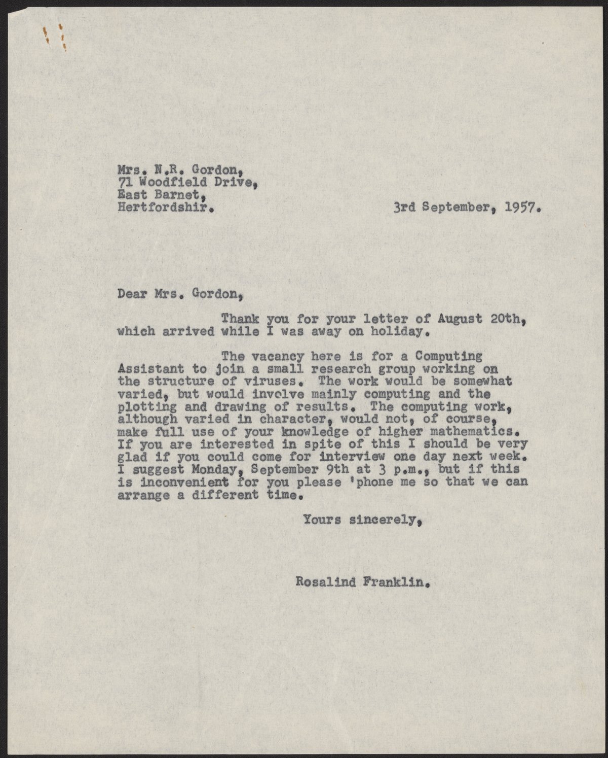 Letter from Rosalind Franklin to Norma R. Gordon, September 3, 1957 ...