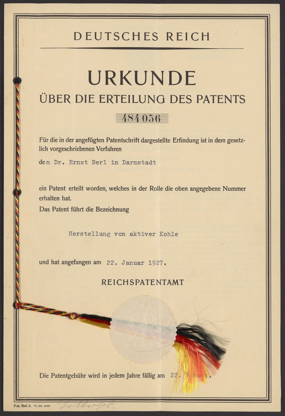 German patent for the production of activated carbon - Science History ...